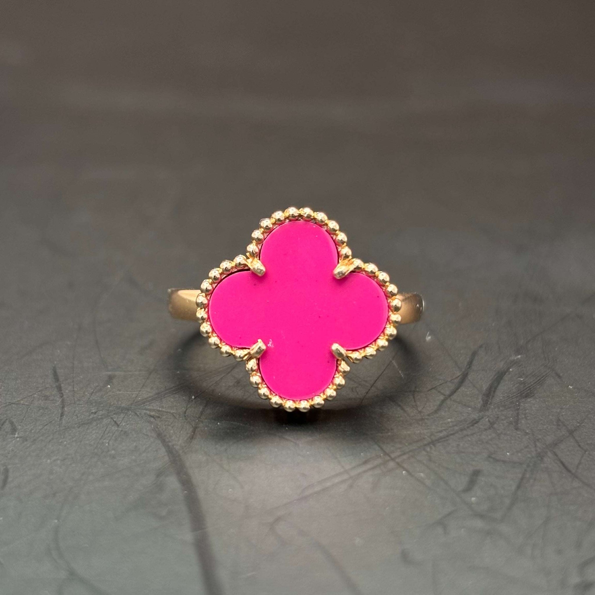 14k Yellow Gold Hot Pink Clover Ring