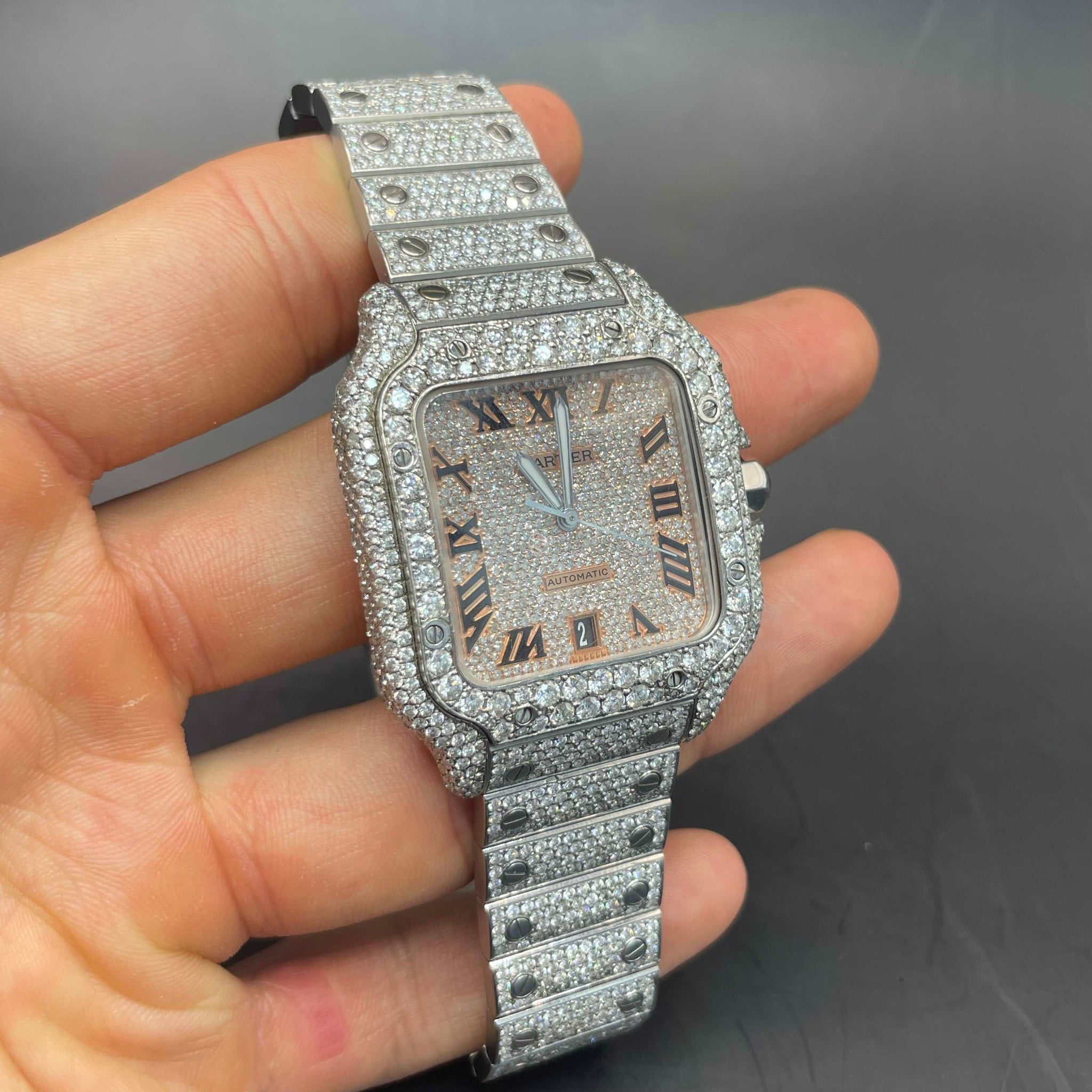 41mm Iced Out Cartier Watch Rose Gold | Rose Roman | Santos XL