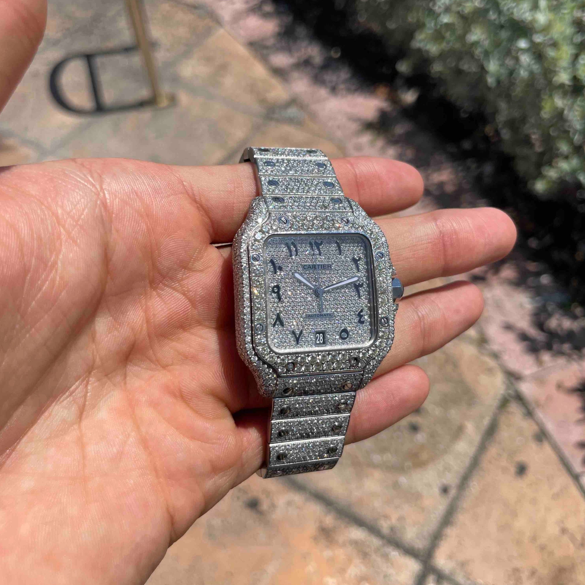 Iced Out Cartier Watch Arabic Dial 22 cts Natural VS1