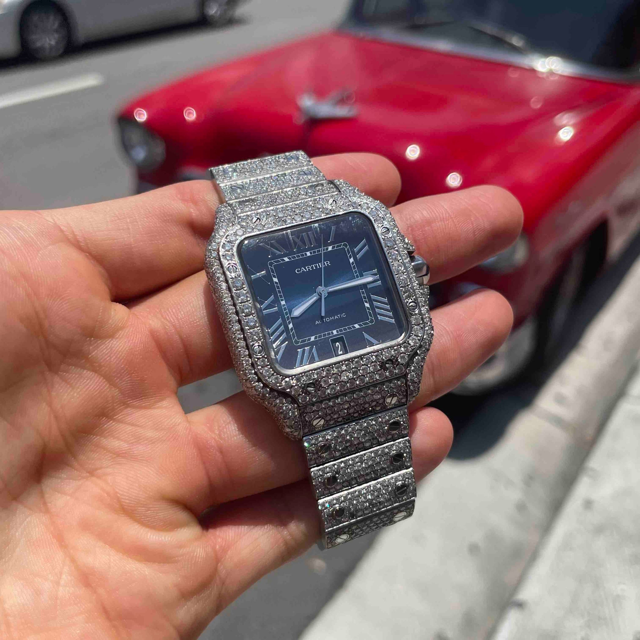 Iced Out Cartier Watch Blue Face 22 cts Natural VS1