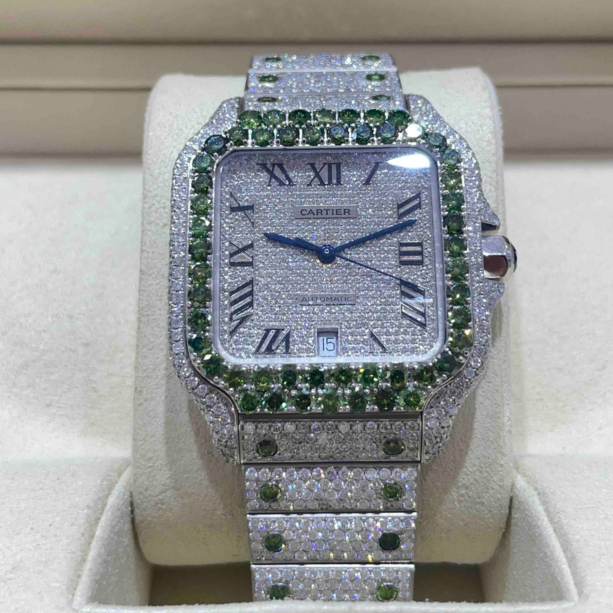 Iced Out Cartier Santos Watch Emerald