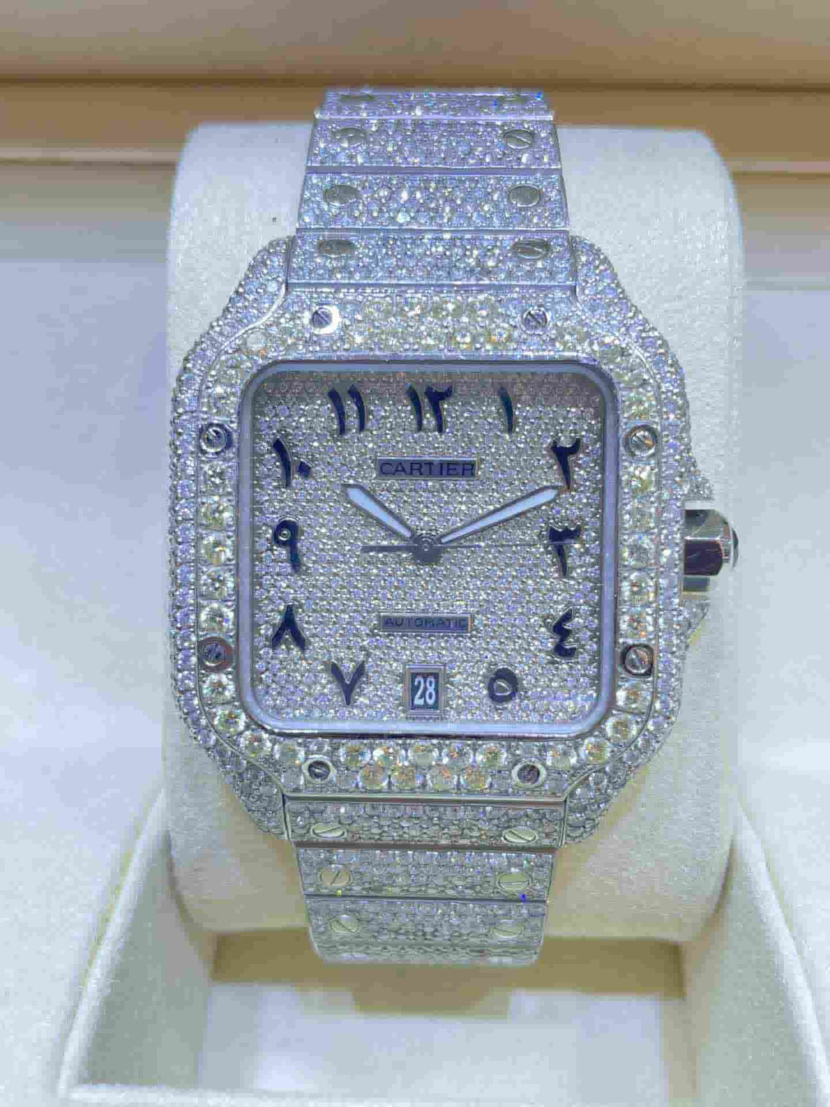 Iced Out Cartier Watch Arabic Dial 22 cts Natural VS1